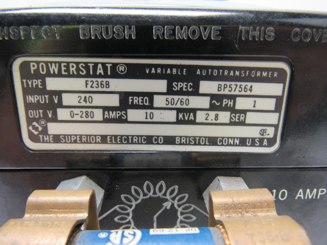 SUPERIOR ELEC F236B POWERSTAT Variable Output Transformer 240V In/0-280V Out 10A | Bullseye ...