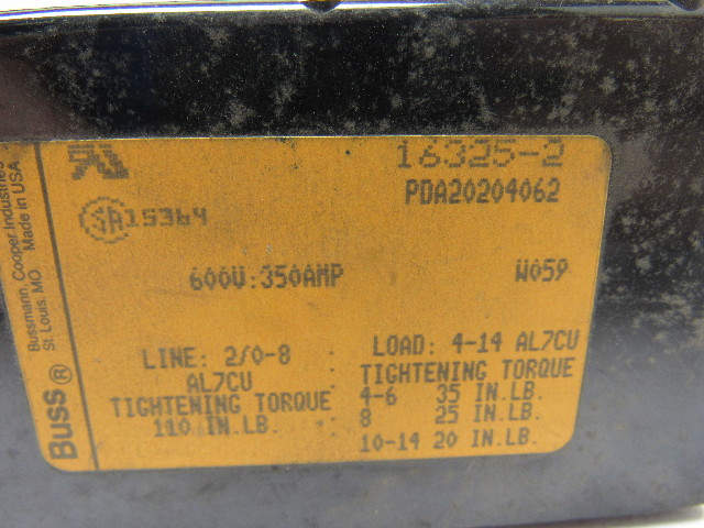 Buss 16325-2 Distribution Terminal Block 350A -600V 2/0-8 AWG | Bullseye Industrial Sales