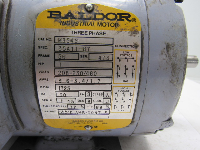 Baldor M3546 1 HP Electric Motor 3PH 208-230/460V 1725RPM 56 Frame | Bullseye Industrial Sales