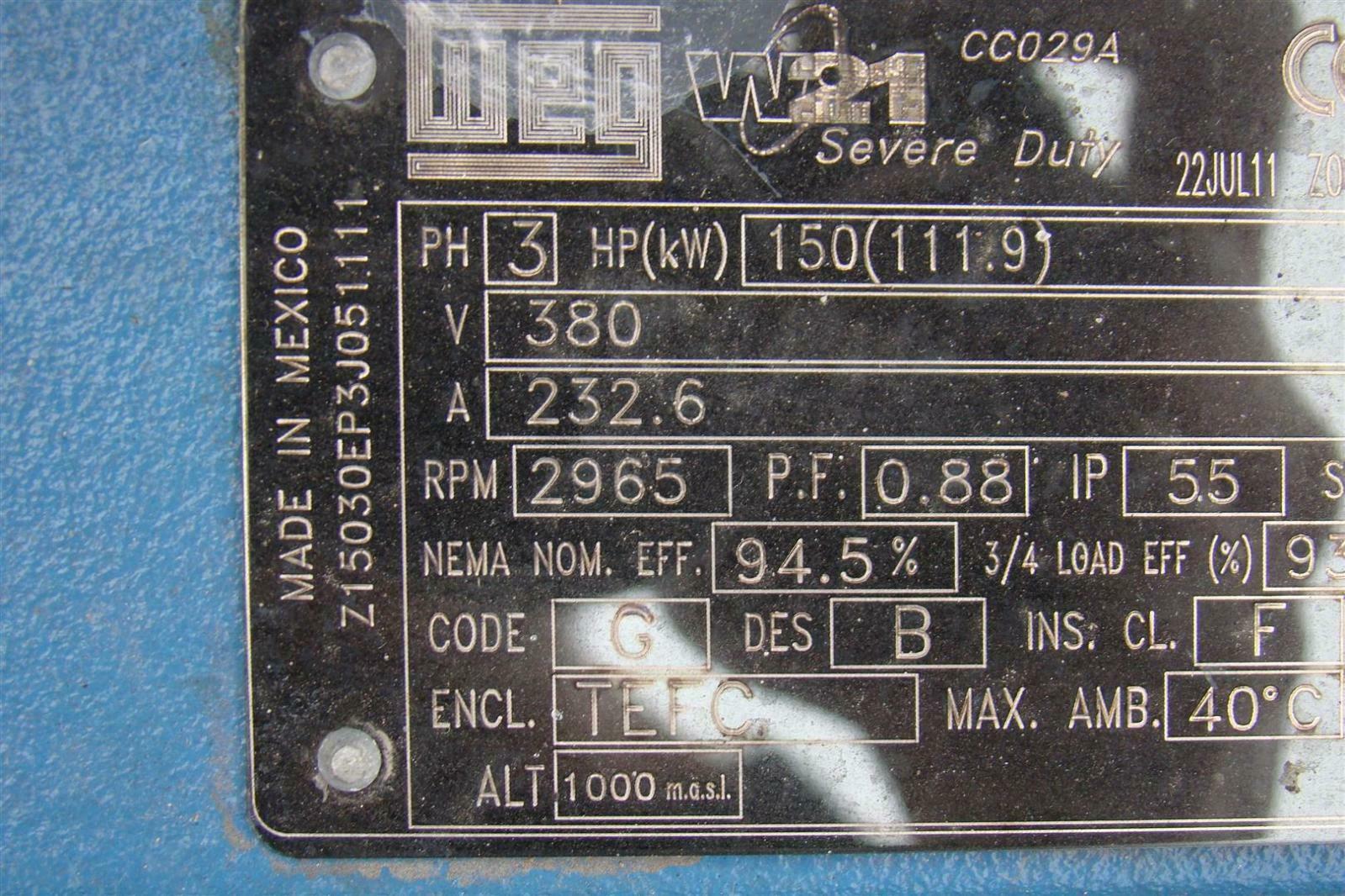 Weg W21 Motor 3PH 150HP 380V 232.6A 2965Rpm Z000198359 Z15030EP3J051111 ...