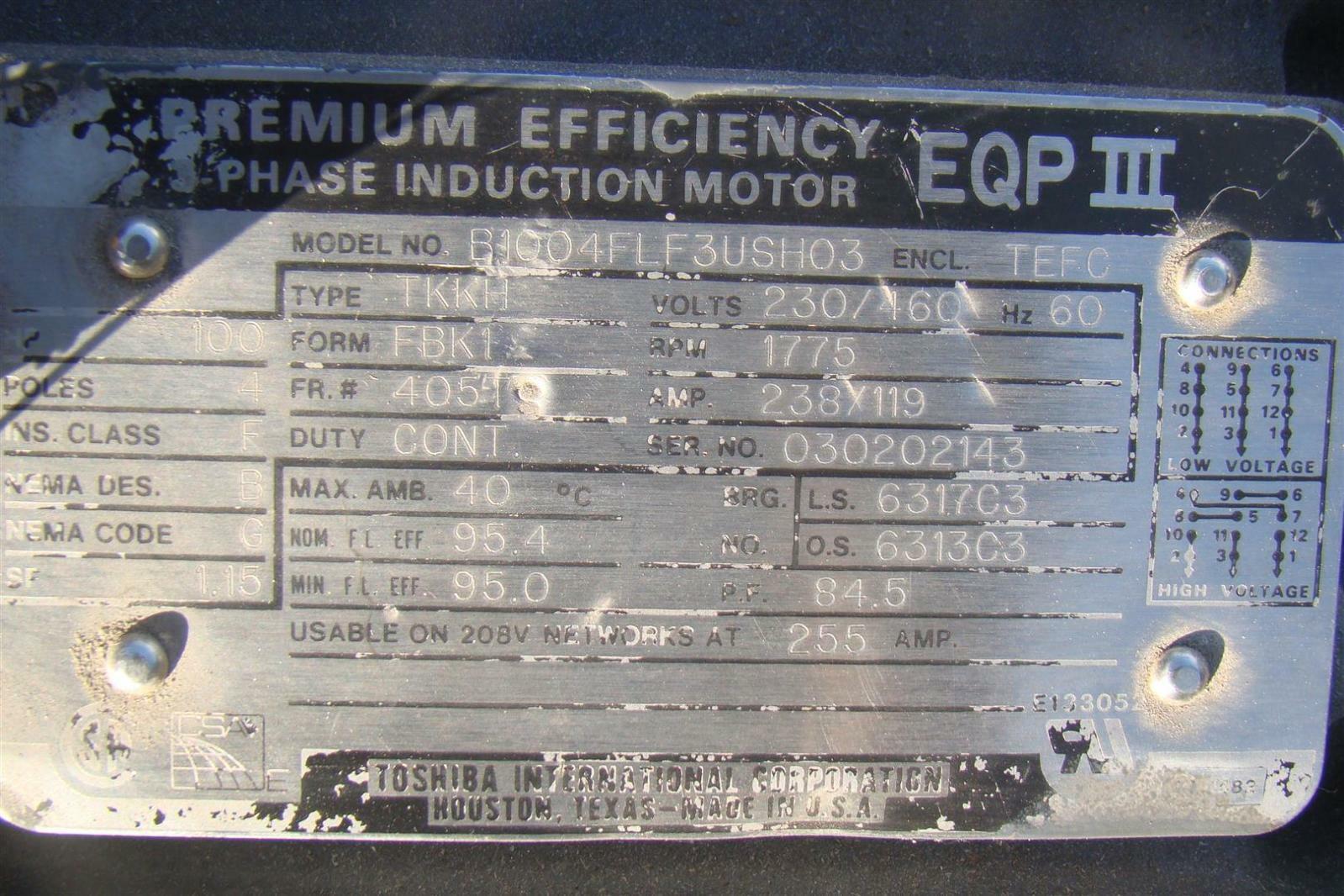 Toshiba Motor 100HP Frame 405TS Type TKKH Enclosure TEFC B1004FLG3USH03 ...