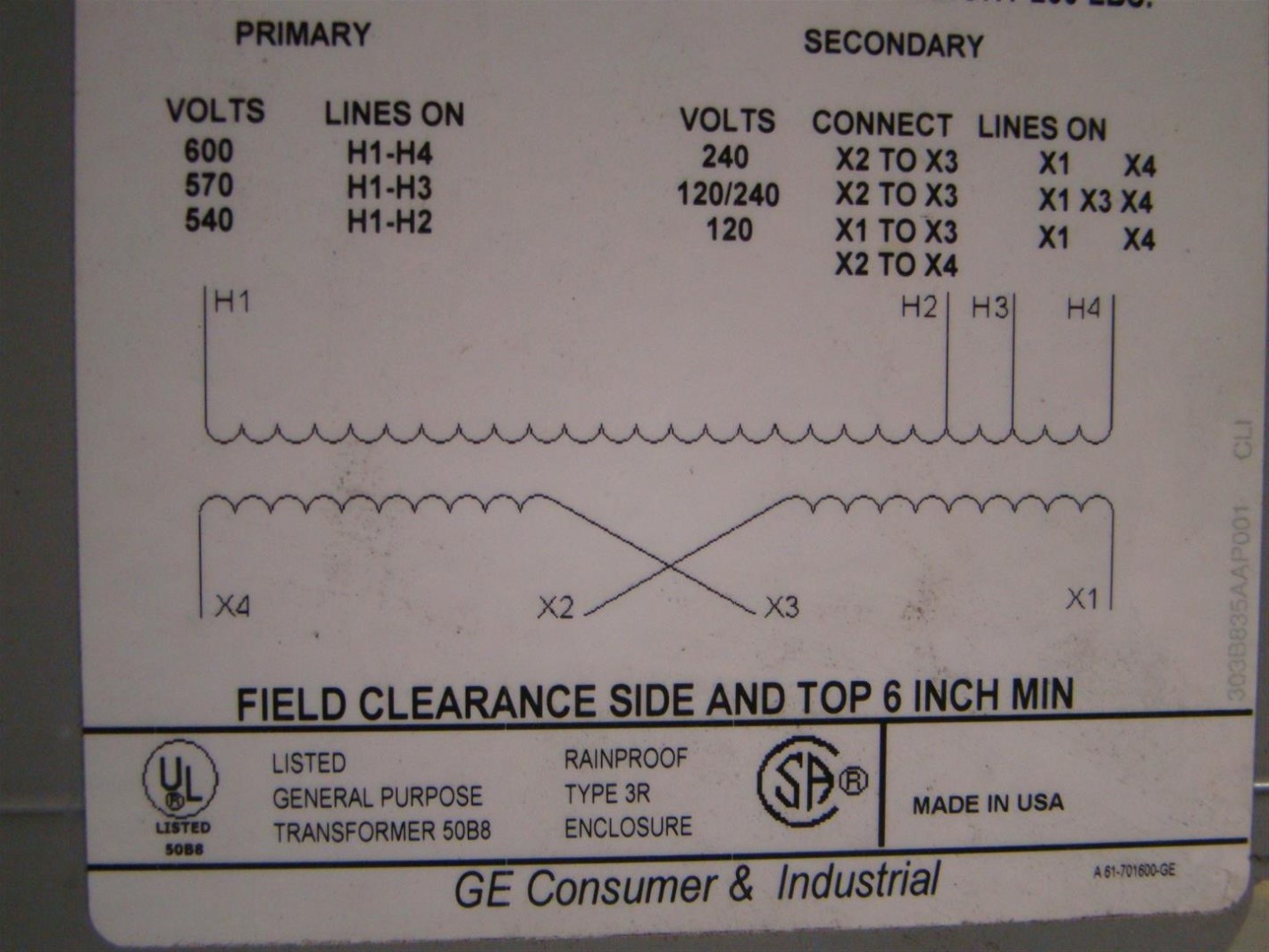 General Electric Single Phase 25 KVA Transformer 600x120/240 Volt 9T21B9114