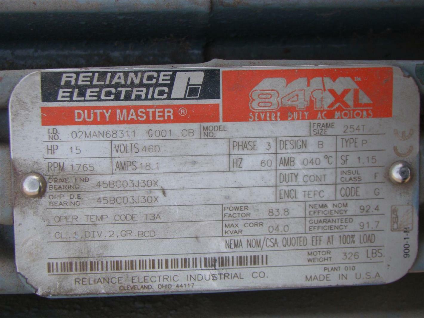 Reliance Electric AC Motor 15HP, 1765 RPM, Frame: 254T (460v/3PH/60Hz ...