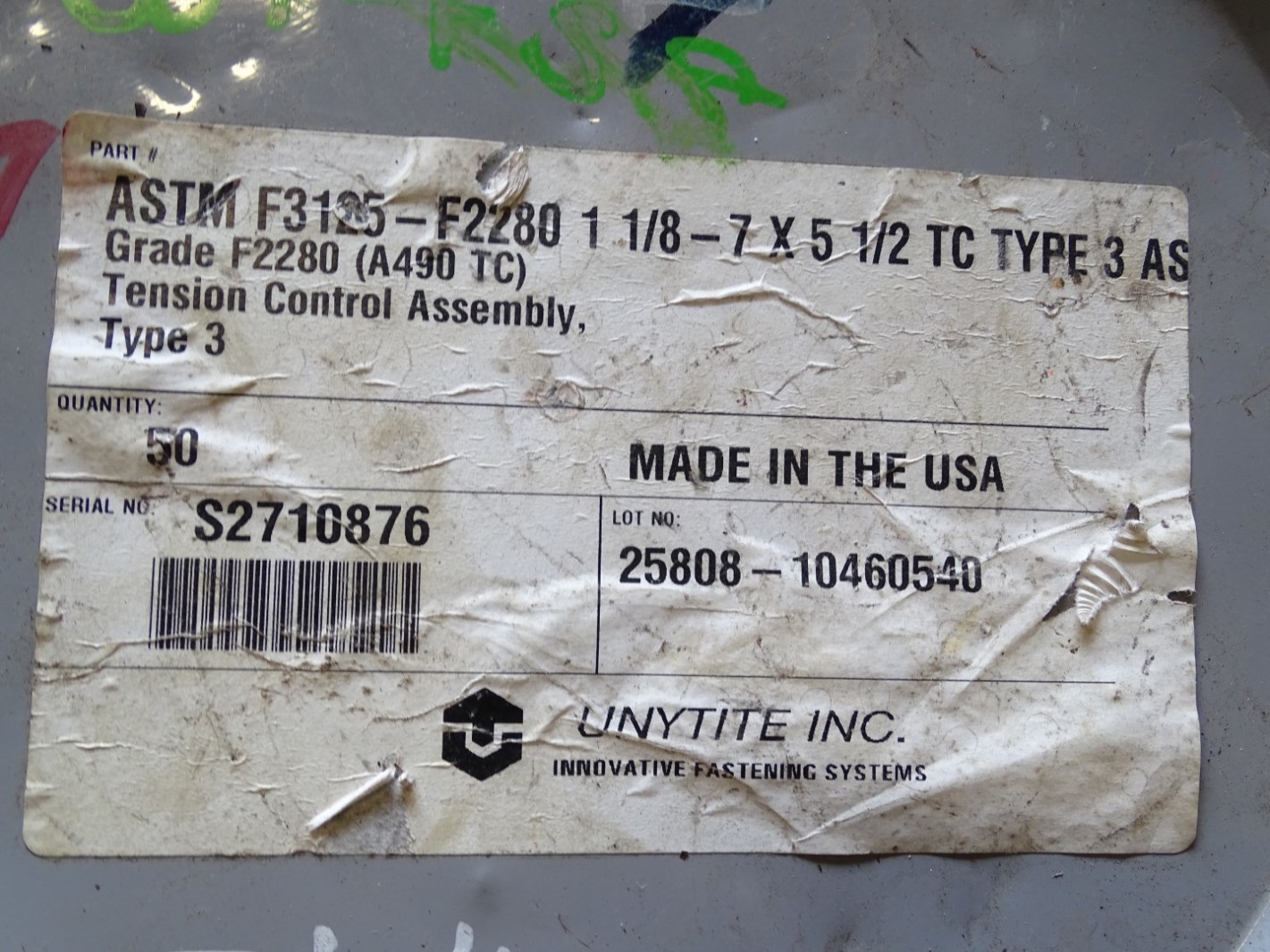 (200) 1-1/8" x 5" TC BOLT, Tension Control Structural Bolts F2280 A490 ...