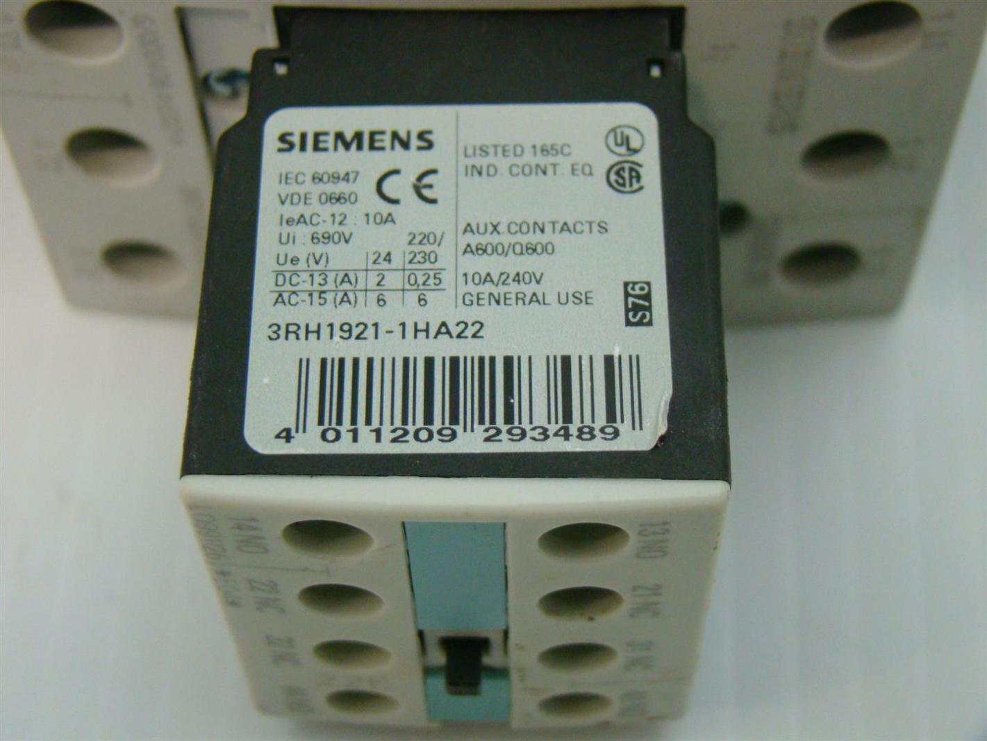 Siemens Contactor 220/230V 125A 3PH 3RT1034-1B 3RH1921-1HA22 | Joseph ...
