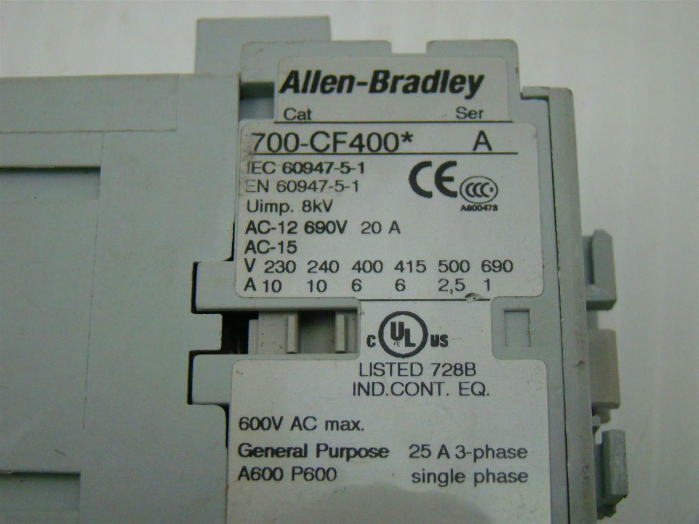 Allen-Bradley 20A 600V Din Mount Relay AC 700-CF400 | Joseph Fazzio ...