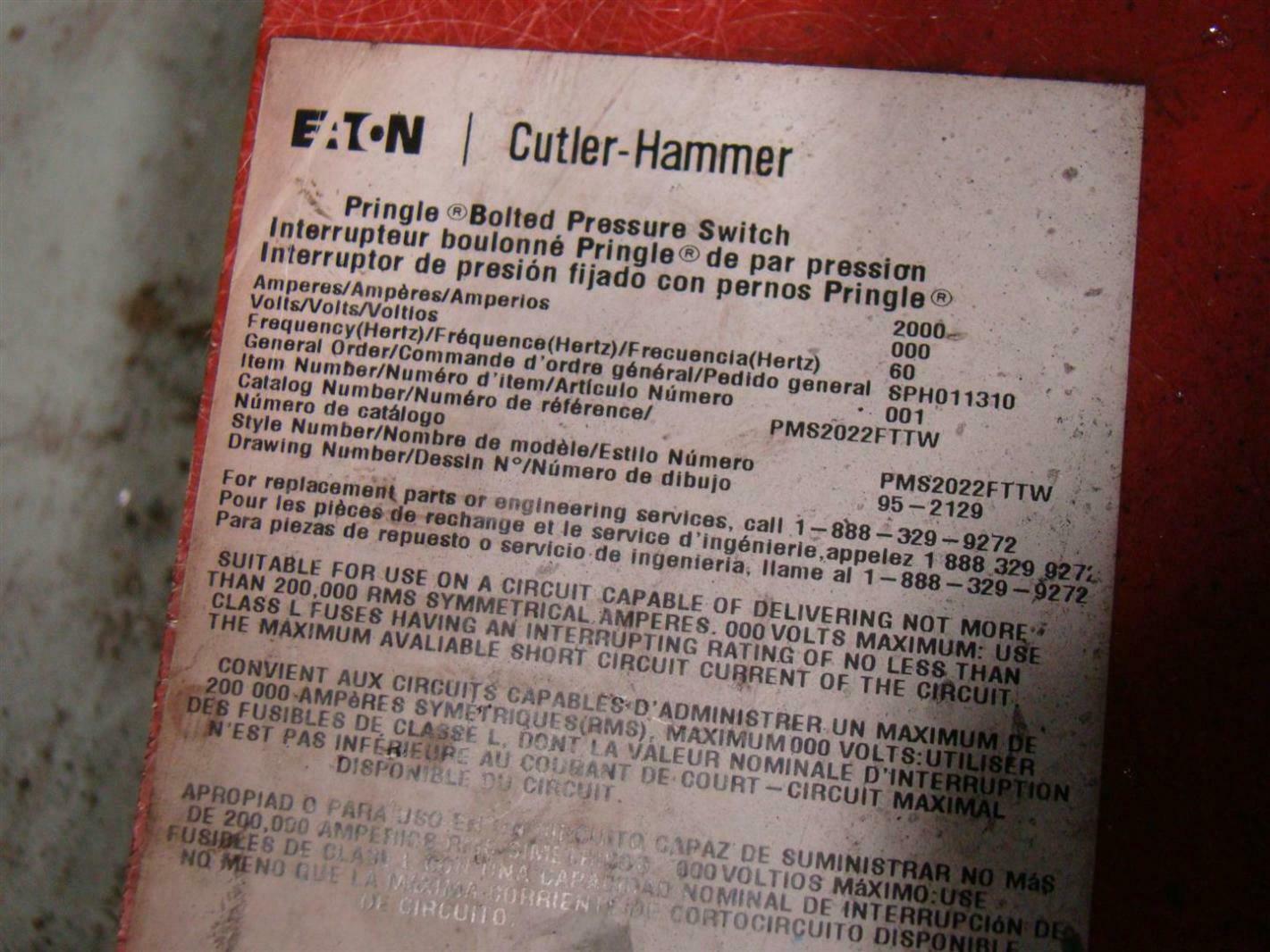 Eaton Cutler-Hammer Pringle Bolted Pressure Switch CU-AL PMS2022FTTW ...