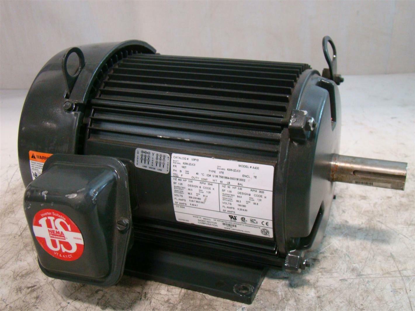 USMotors 3HP 3540RPM Electric Motor 208-230/460V U3P1D A430 | Joseph ...