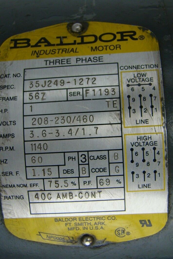 Baldor Electricric Motor 1 Hp, 230-460V, 1.7A, 2 3/8"X.626" Shaft, P3 ...