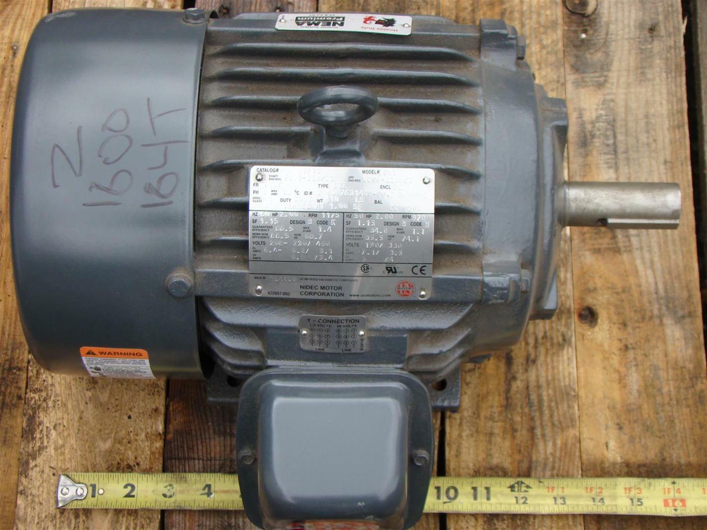 US Motors Nidec 2HP Motor 203-230/460V 1175RPM D661 6206-2ZJ/C3 ...