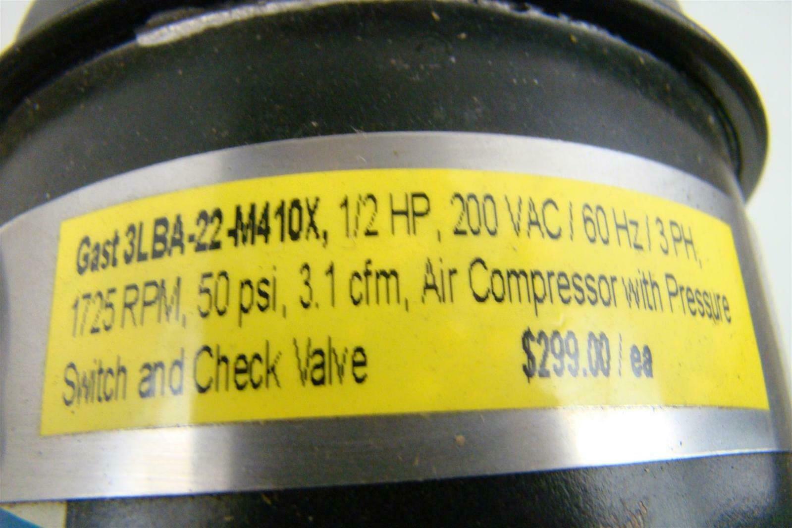 Gast 1/2HP Air Compressor 200vAC, 3PH, 1725 RPM, 50 PSI, 3.1cfm, 3LBA ...