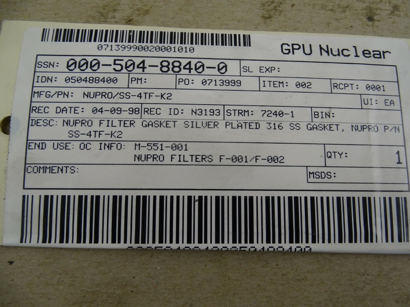 Nupro Silver Plated Gasket 316SS, SS-4TF-K2 | Joseph Fazzio, Incorporated