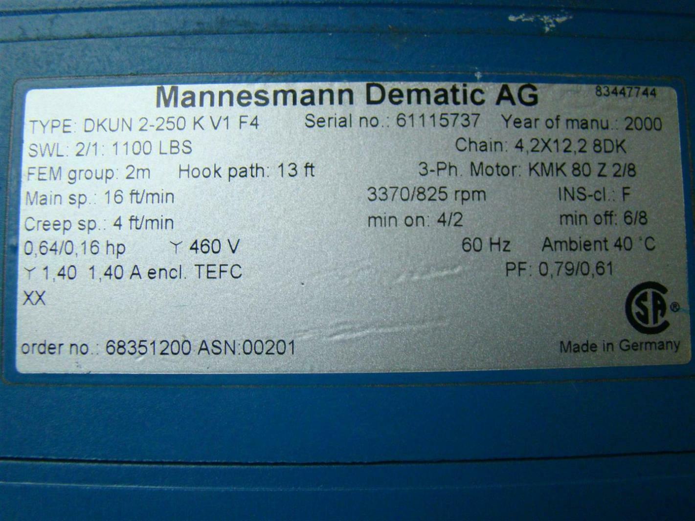 Demag KBK Crane Kit - Mannesmann Dematic 460V Cap.1100Lbs Chain Hoist ...