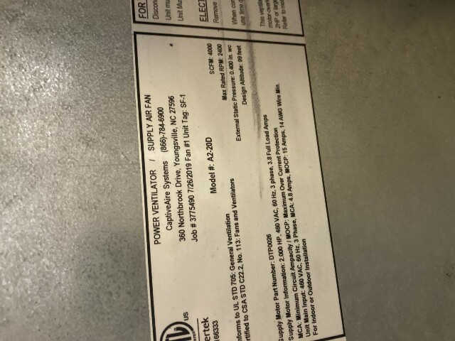 Captive Aire Power Ventilator/Supply Air fan 4000scfm 2400rpm , A2-20D ...