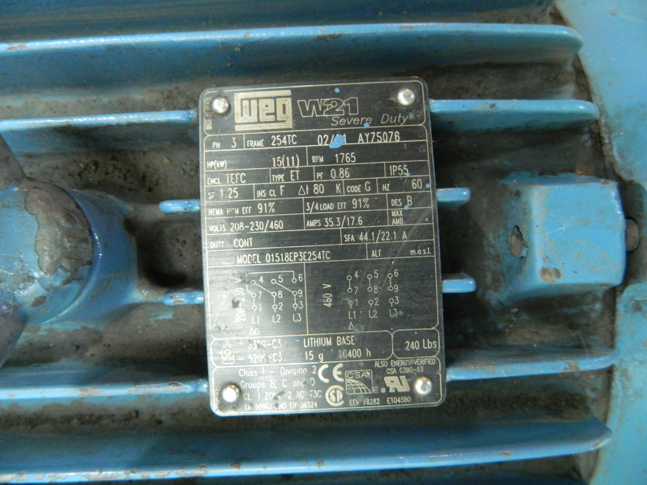 WEG 15 Hp Electric Motor 1765 RPM 208-460Vac 3 Phase 254TC Frame ...