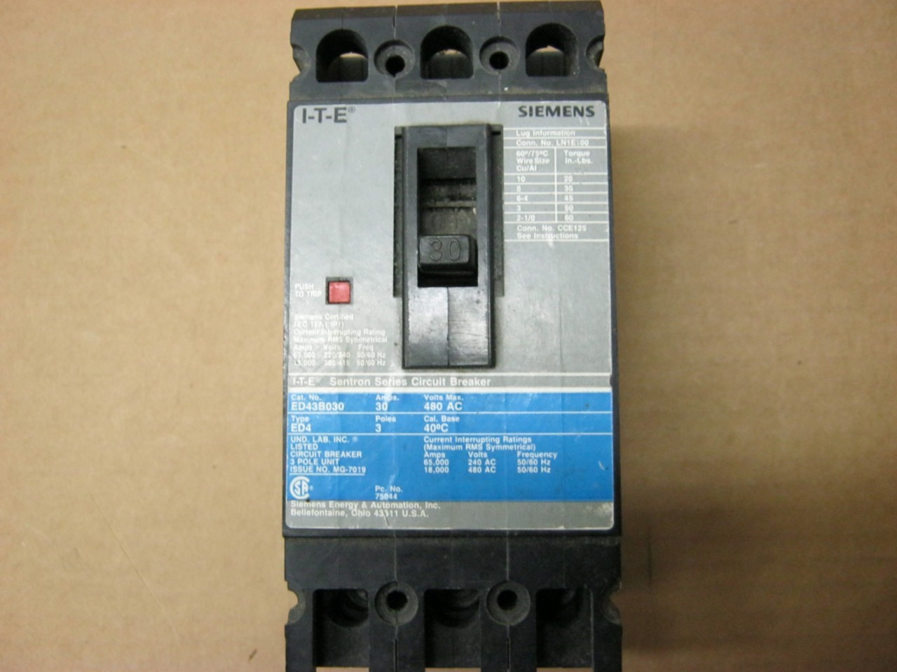 I-T-E Siemens 3 Pole Circuit Breaker | Daves Industrial Surplus LLC