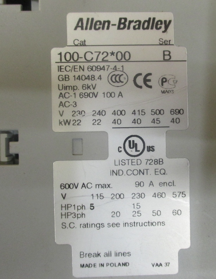 Allen-Bradley Model: 100-C72*00 Contactor, Series. B & Complete Device ...