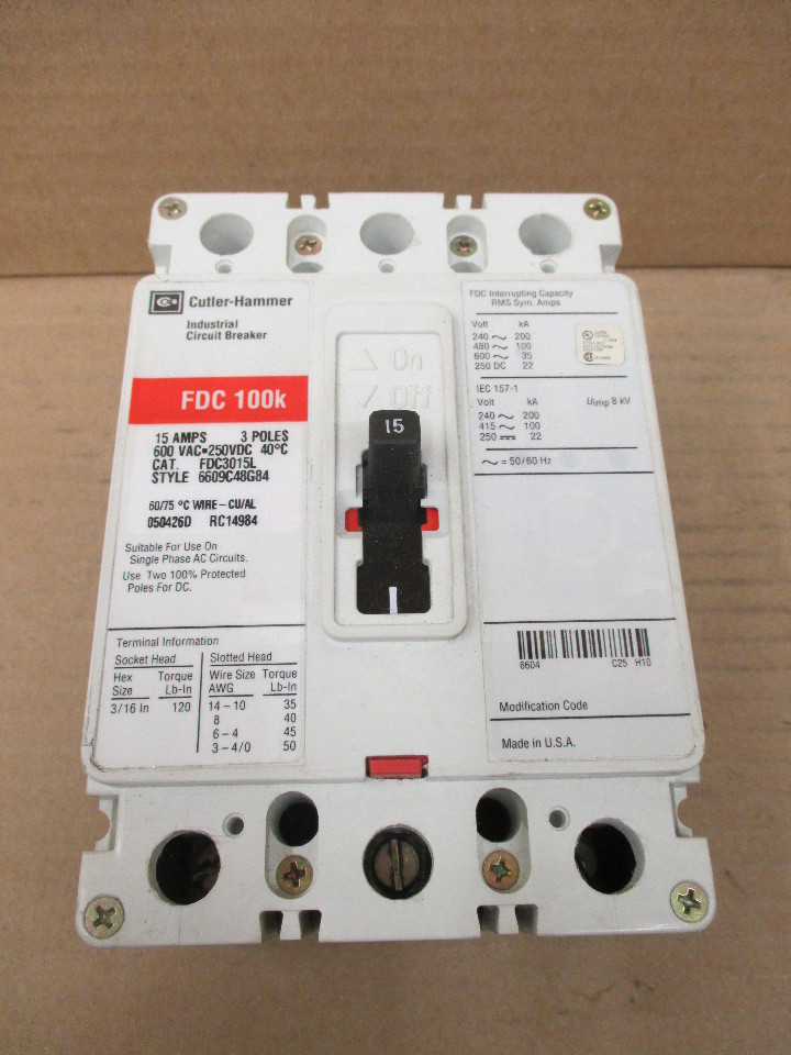 EATON CUTLER-HAMMER FDC3015L CIRCUIT BREAKER 15A 600V | Daves ...