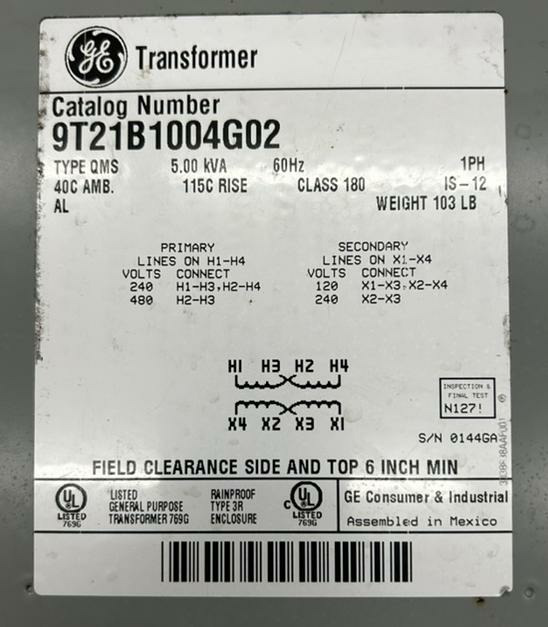 GE 9T21B1004G02 5 KVA Transformer 240/480 V Primary 120/240V Secondary ...