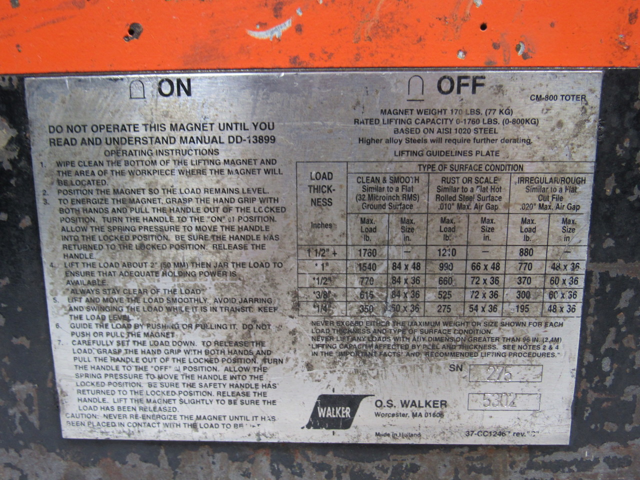 OS Walker CM-800 Toter Permanent Lift Magnet 1760LB Capacity Fixed ...