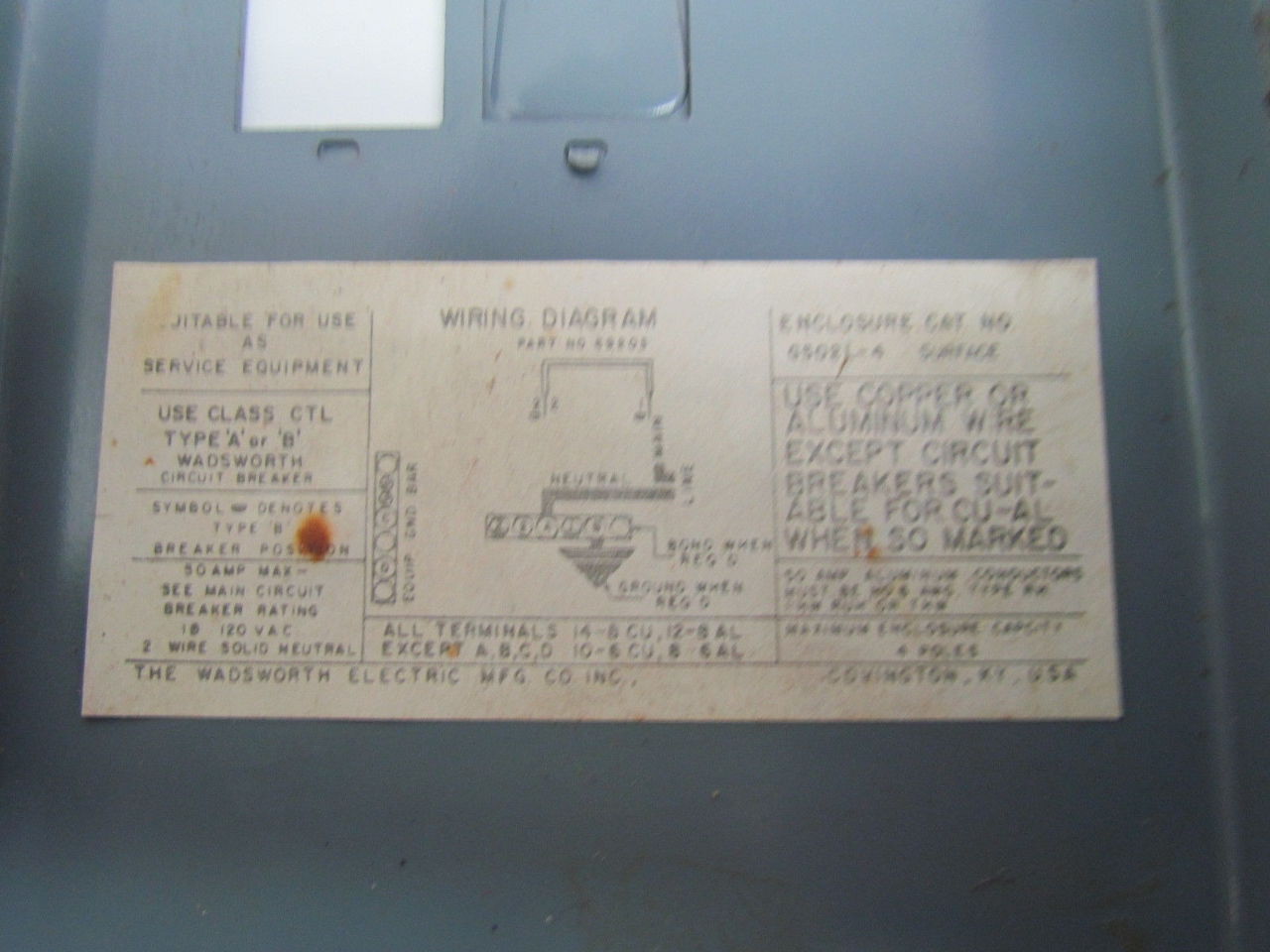 Wadsworth Electric G502L-4 Class CTL Enclosed Panelboard 50 Amp 120 VAC