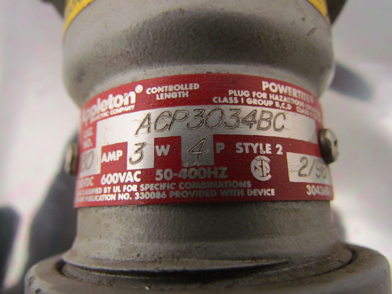 Appleton ACP3034BC Powertite Connector Plug 30A 600VAC 250VDC Male