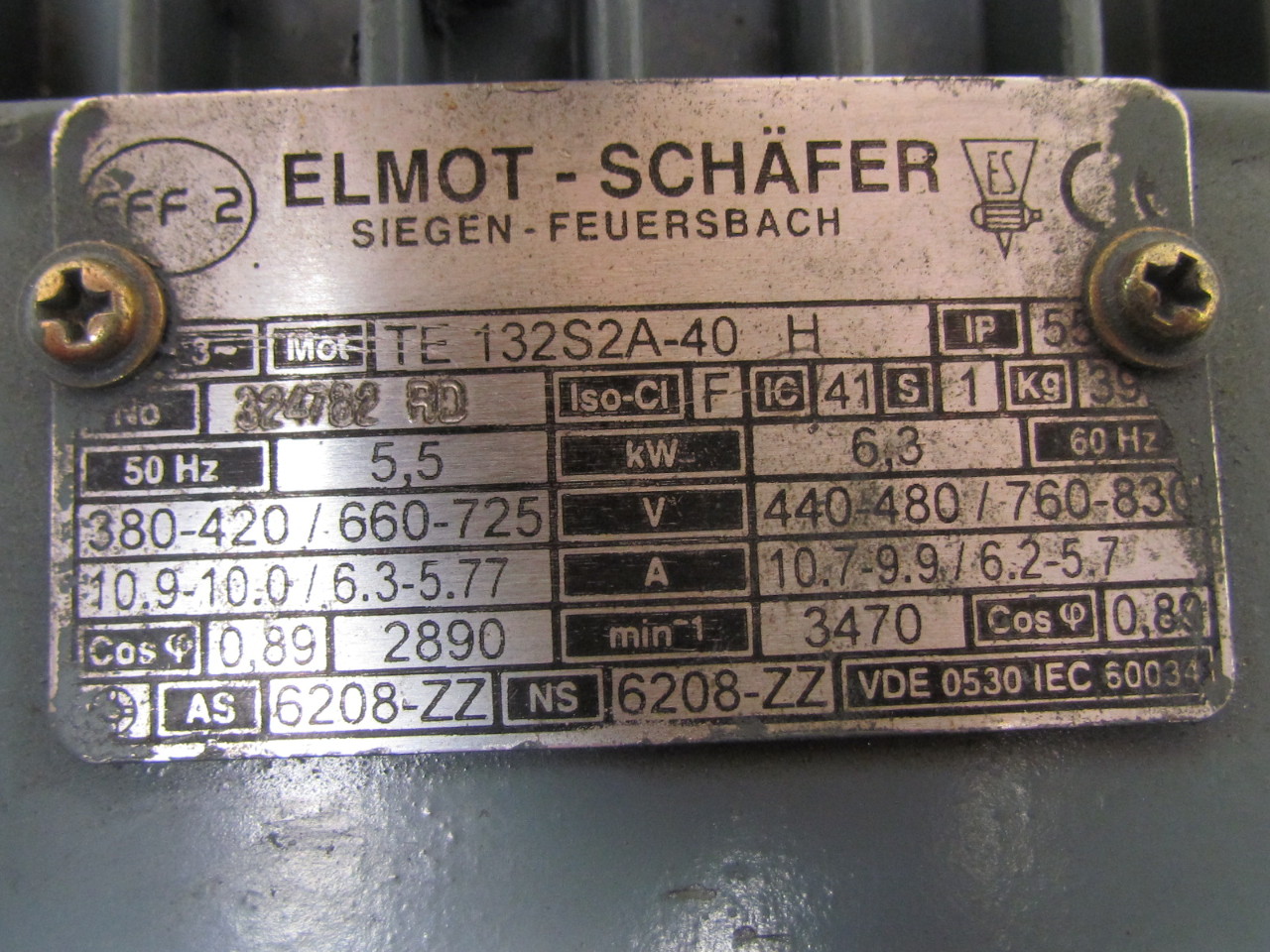 Elmot Schafer TE132S2A-40 H 3 Ph 6.3 KW (8.44HP) Electric Motor IEC ...
