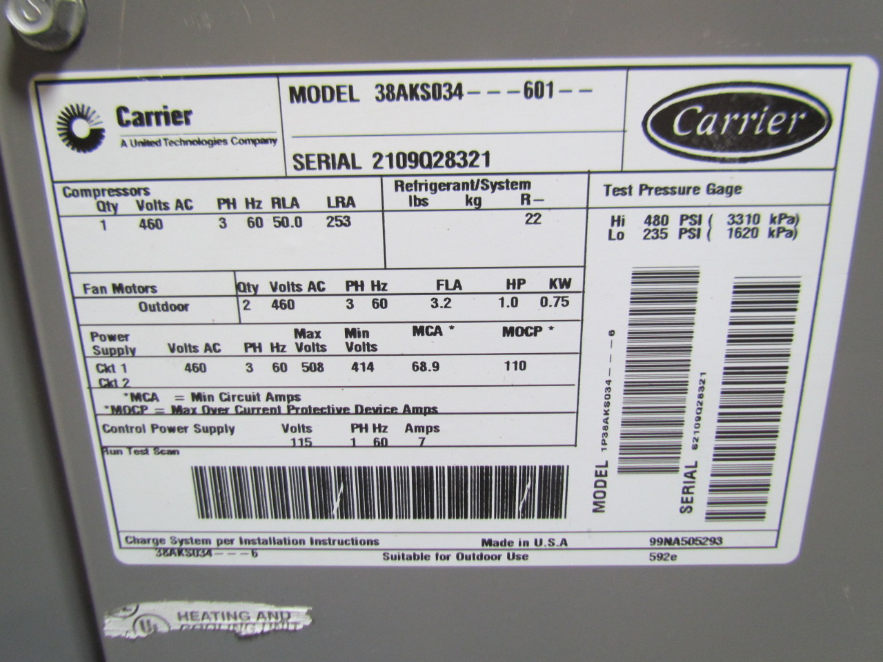 Carrier 38AKS034-601 Gemini Split 26.7 Ton Commercial Air Cooled ...