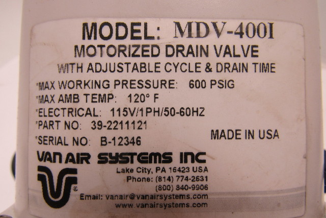 Van Air MDV-400I Sentinel Motorized Ball Valve W/ Adjustable Cycle Time ...