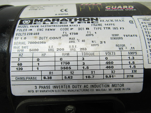 Marathon Electric HVE143THTR5326DA 1 Hp 3PH 1750 Rpm Electric Motor w ...