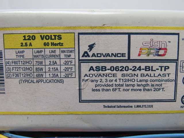 Advance ASB-0620-24-BL-TP Sign Ballast T12/HO Lamp Combo 120V 60Hz 2.5A ...