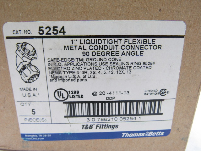 T&B 5254 1" Liquidtight Flexible Metal Conduit Connector 90 Deg Lot of ...