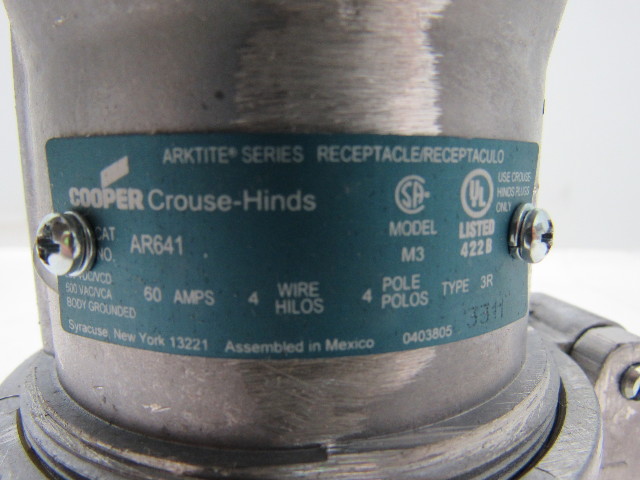 Cooper Crouse Hinds AR641 M3 60A Arktite Receptacle-Body Grounded ...