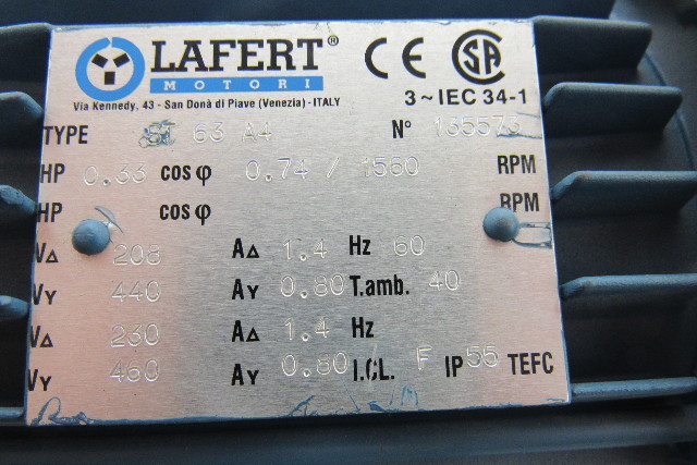 Lafert ST63A4 1/3HP Electric Motor 208-230/460V 60Hz 1560 RPM ...