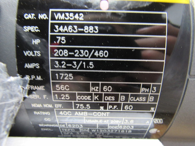 Baldor VM3542 3/4 HP Electric Motor 230/460V 1725 RPM TEFC 56C Frame ...