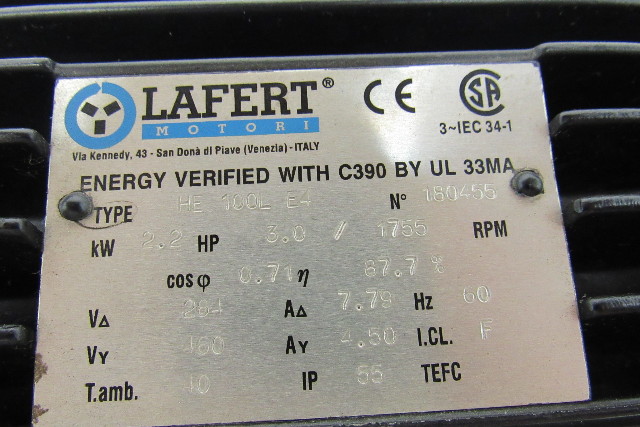 Lafert HE100LE4 Electric Motor 3HP 3PH 1755RPM 4 Pole | Bullseye ...