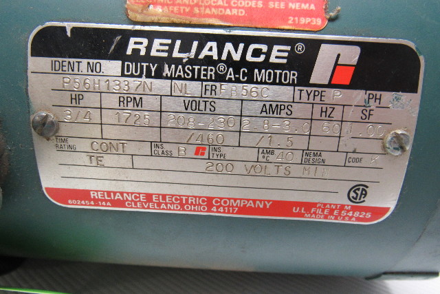 Reliance Electric P56H1337N Electric Motor 3/4HP 3PH 1725RPM 208-230 ...
