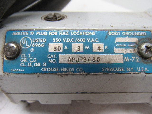 Crouse Hinds Co APJ-3485 Heavy Duty Circuit Breaking Plug 3 Wire 4 Pole ...