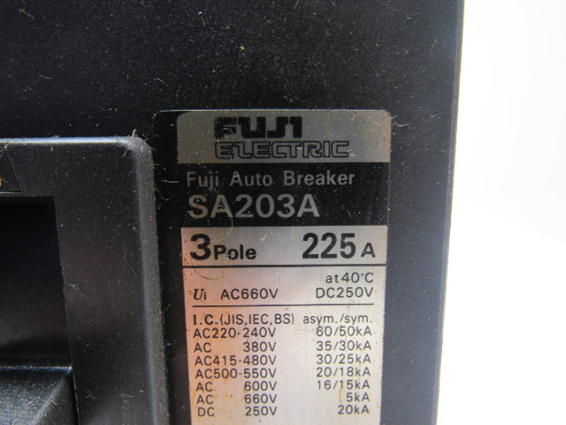 Fuji Electric SA203A 3 pole 225a Auto Breaker W/Panel Switch | Bullseye ...