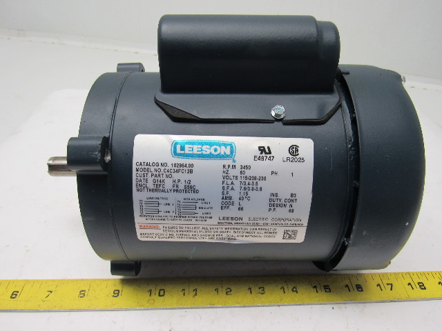 Leeson Electric 102864.00 1/2HP 1PH Electric Motor 3450 RPM 115/208-220V 56C | Bullseye ...