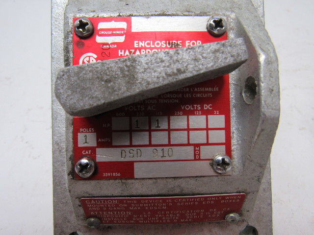 Crouse-Hinds DSD 910 110-230VAC 1 Pole 1HP Explosion Proof Sub Assembly ...