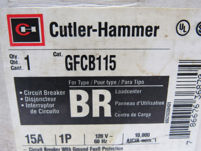 Cuttler Hammer GFCB115 15 Amp 1 Pole Ground Fault Circuit Breaker ...