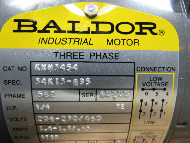 Baldor KNM3454 1/4HP Industrial Motor 3Ph 56C Frame 1725 RPM 208-230 ...