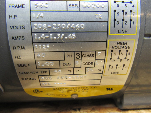 Baldor KNM3454 1/4HP Industrial Motor 3Ph 56C Frame 1725 RPM 208-230 ...
