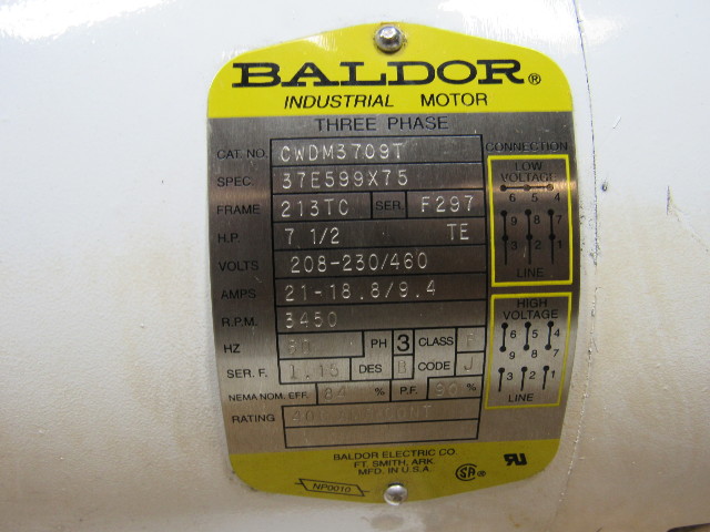 Baldor CWDM3709T Wash Down Electric Motor 208-230/460V 3Ph 213TC Frame ...