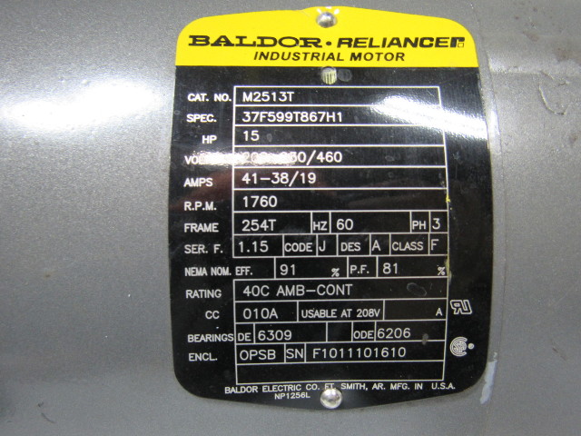 Baldor M2513T 15HP Electric Motor 3PH 208-230/460V 1760RPM 254T Frame ...