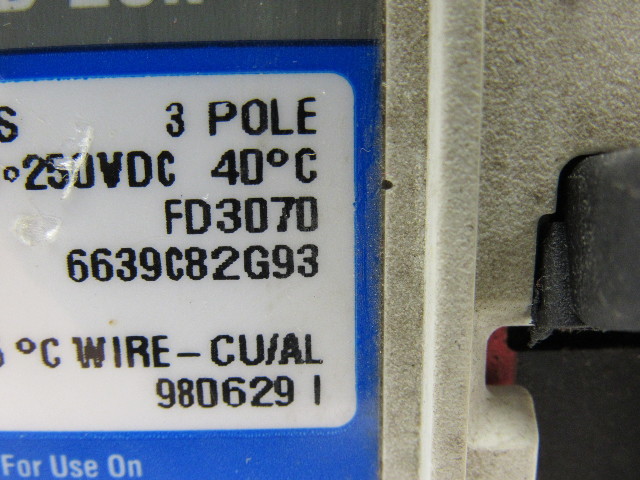 Eaton Cutler Hammer FD3070 Molded Case Circuit Breaker 70 Amp 600 V 3 ...