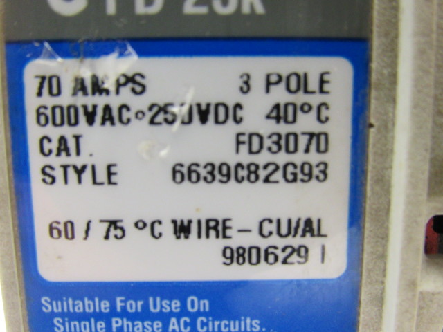 Eaton Cutler Hammer FD3070 Molded Case Circuit Breaker 70 Amp 600 V 3 ...