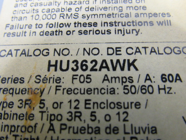 Square D HU362AWK 60A 600V Single Throw Disconnect Safety Switch ...