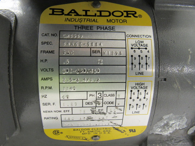 Gear Box Speed Reducer 50:1 Ratio W/Baldor Electric Motor 1/2Hp 208-230 ...